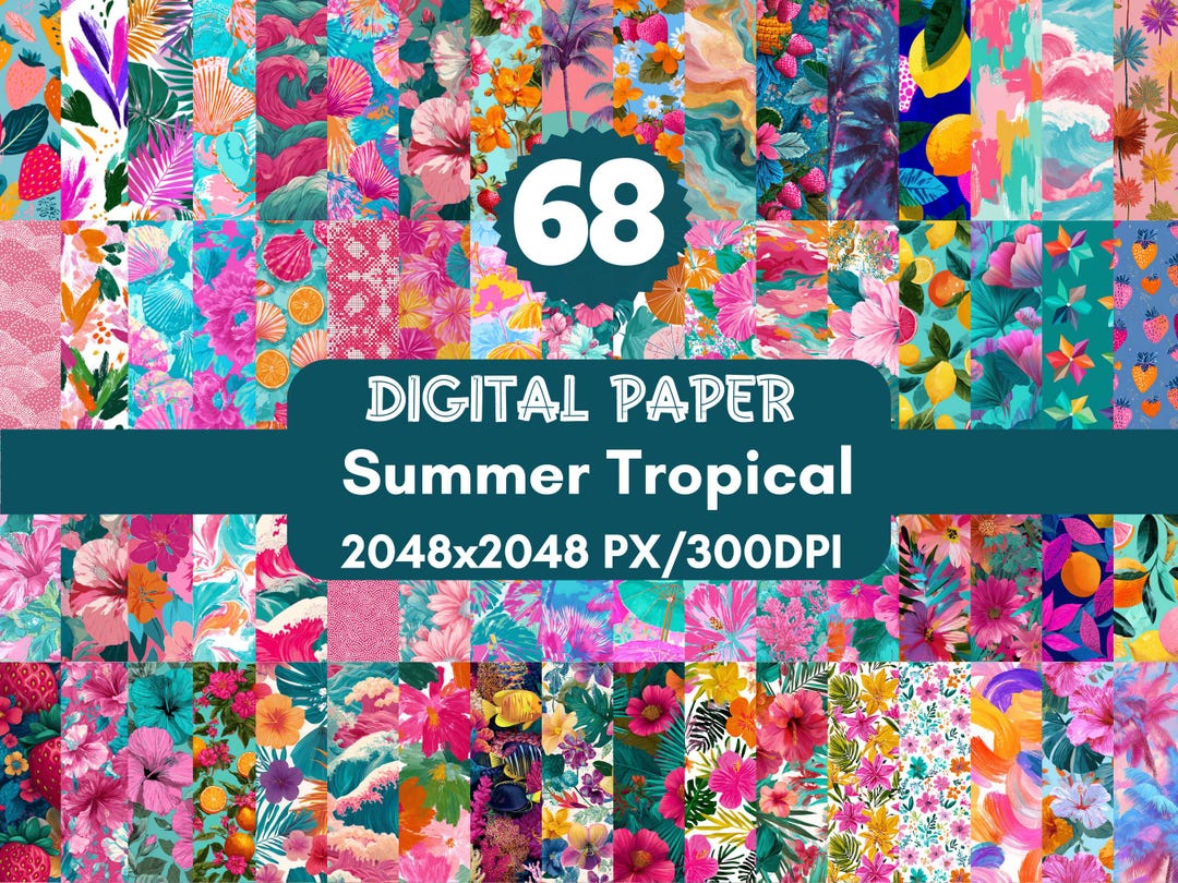 Tropical Summer Digital Paper: Floral Scrapbook Backgrounds (75 PNG ...