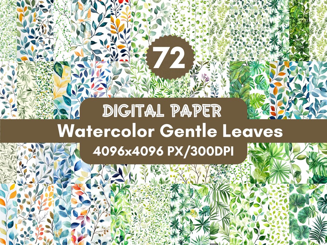 72 Watercolor Gentle Leaves Digital Paper,eucalyptus Greenery Pattern ...