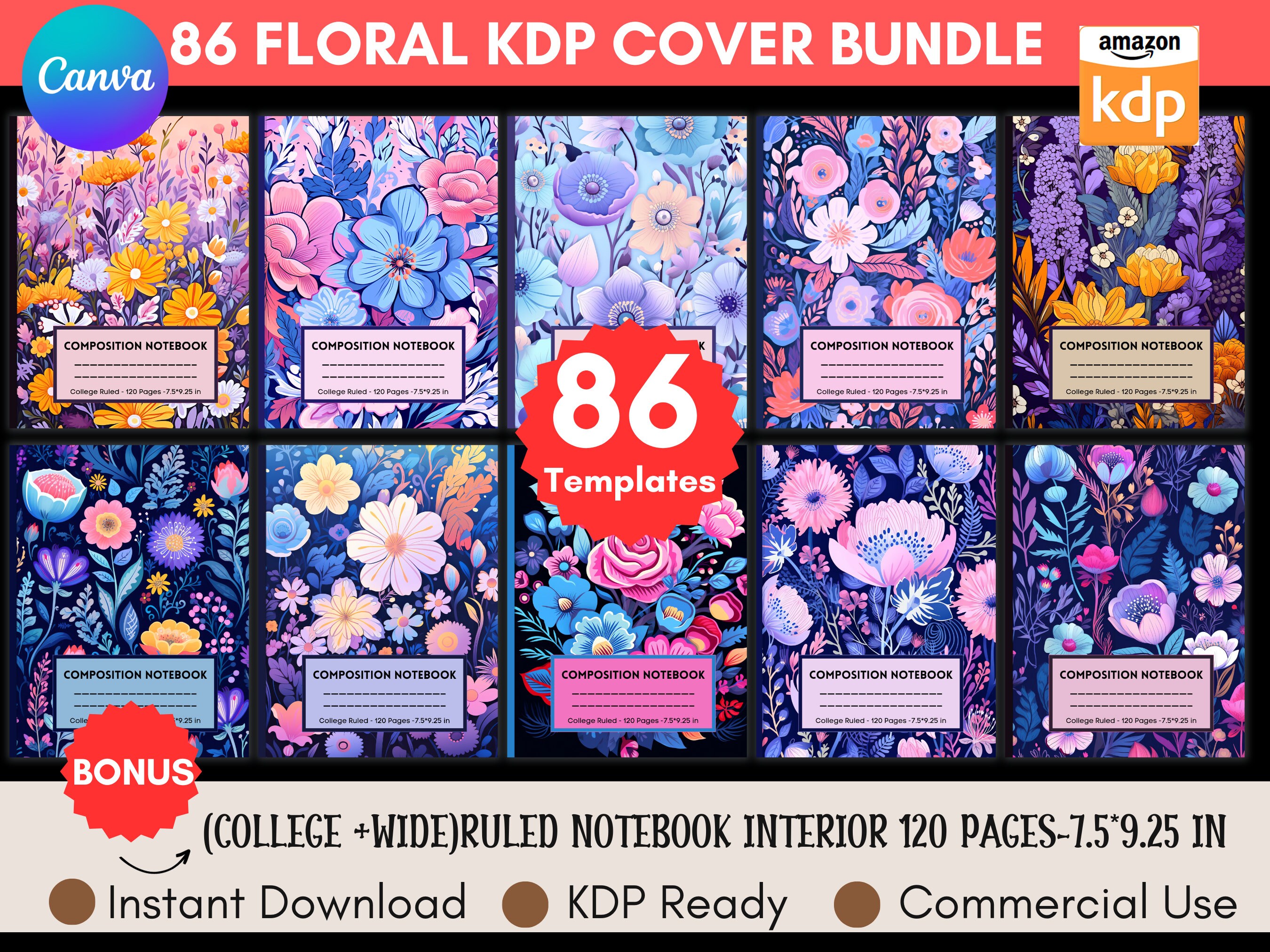 86 Editable Watercolor Floral KDP Covers,kdp Notebook Cover Template ...