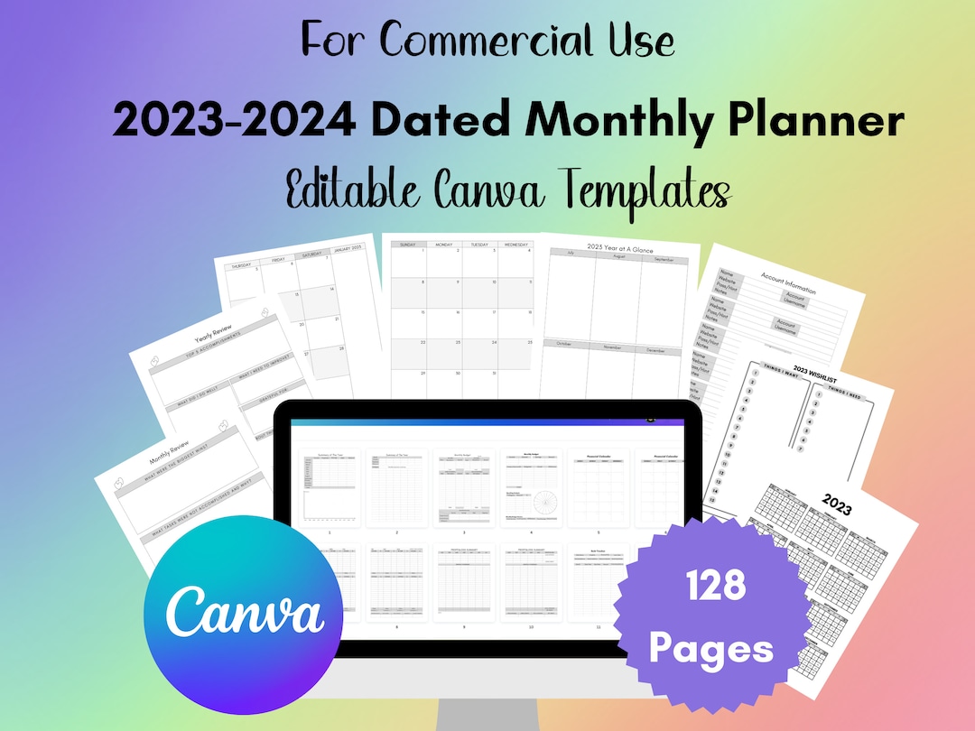 2023-2024 Monthly Planner,canva Template,2023 2024 Calendar, 2023 2024 ...
