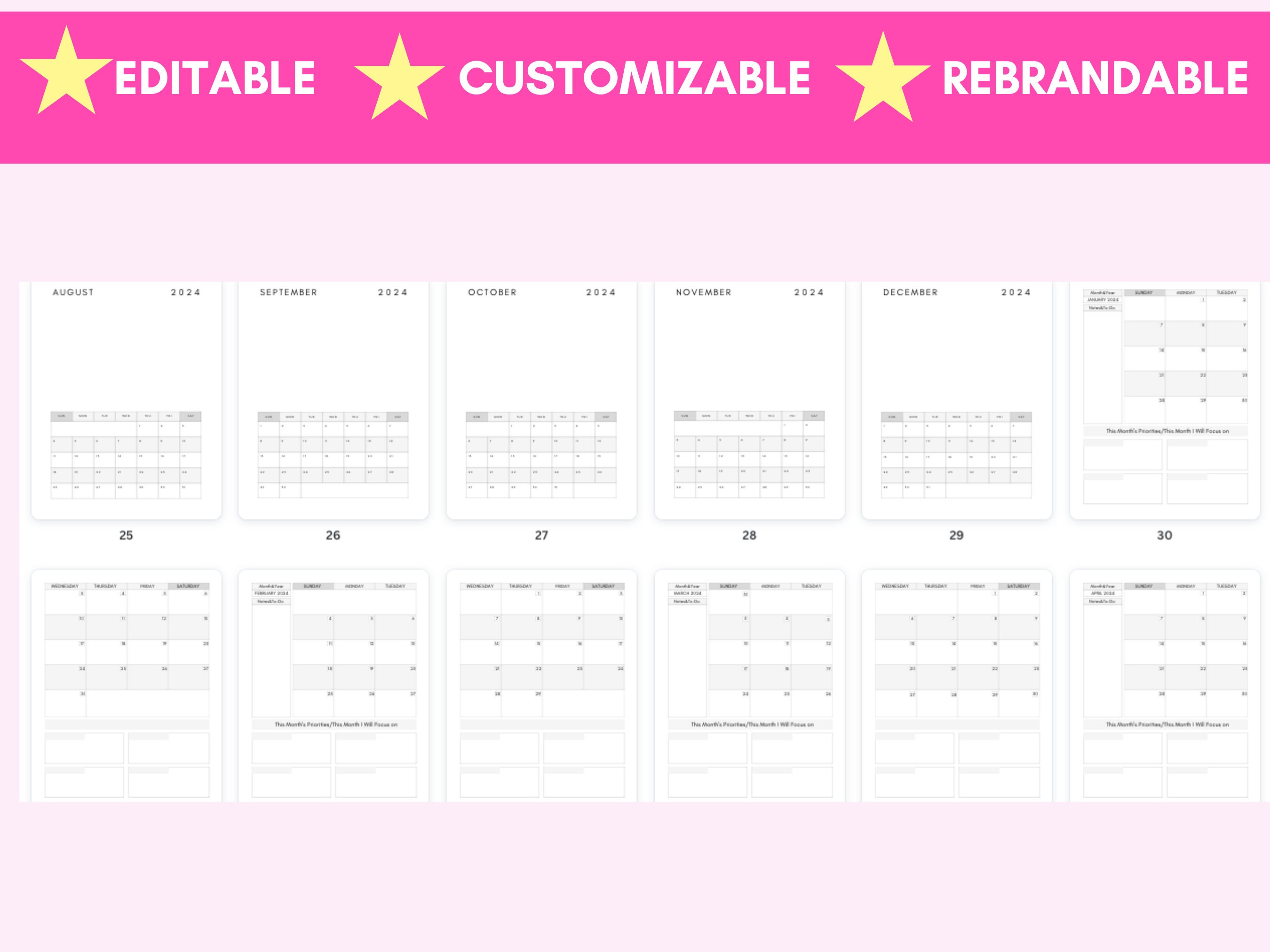 Editable 2024 Calendar, 2024 Monthly Calendar Template, Editable ...