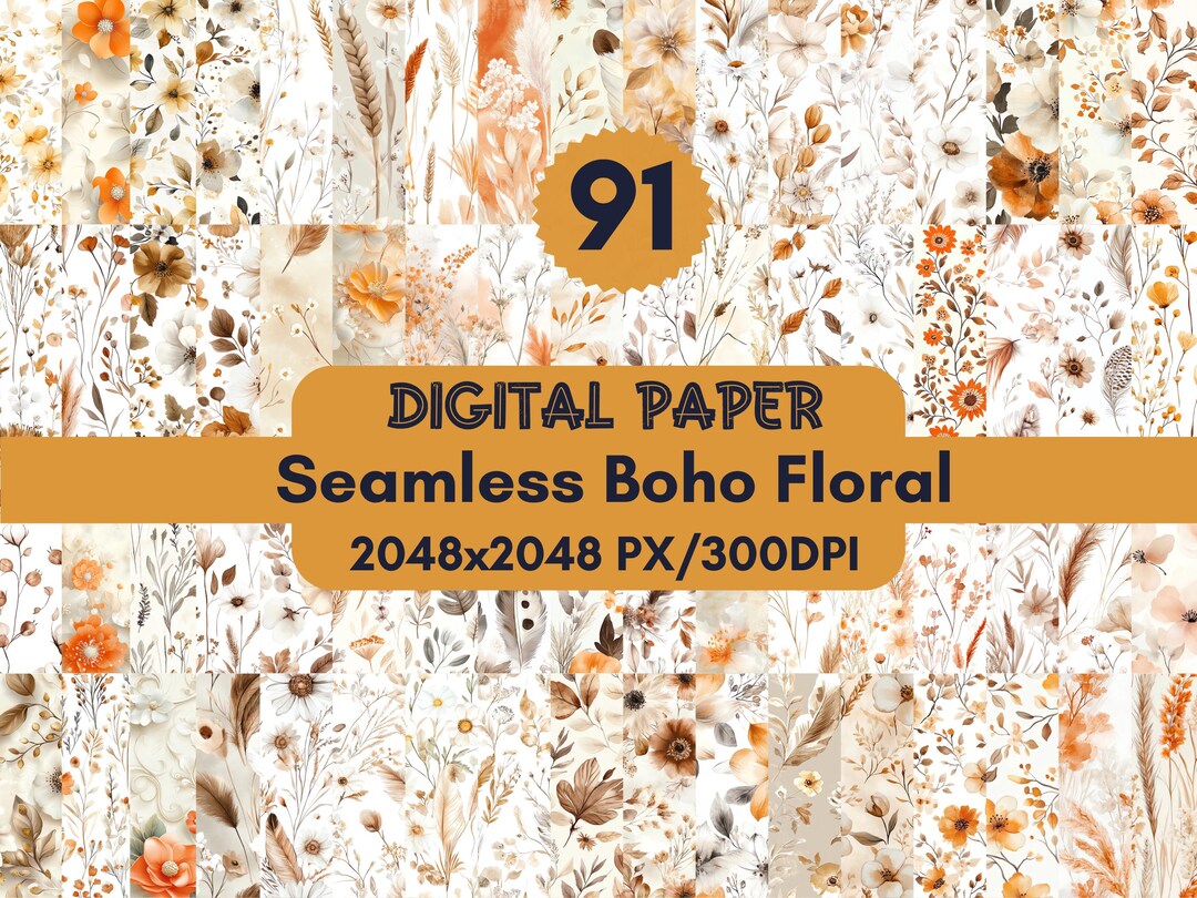 91 Boho Floral Digital Paper: Seamless Bohemian Patterns (PNG Files) - Etsy