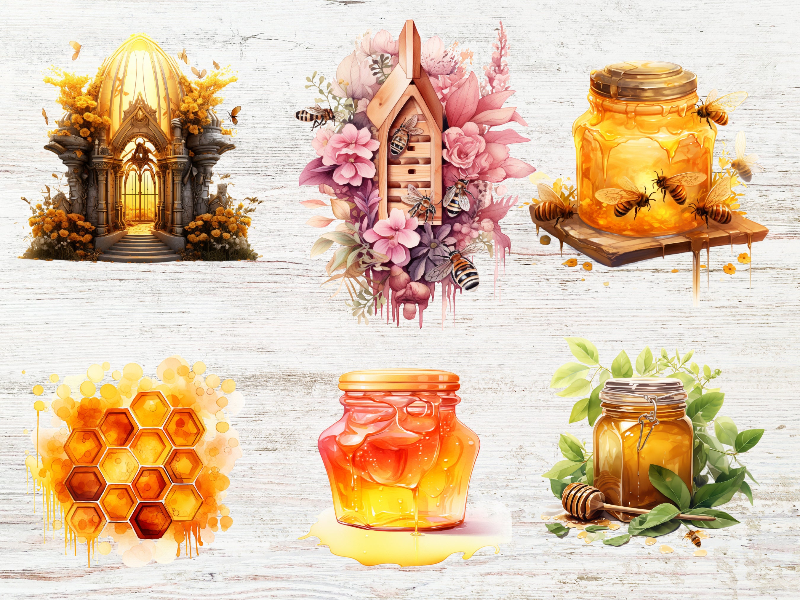 119 Watercolor Honey Bee Clipart, Spring Garden Bee and Honey Drips ...