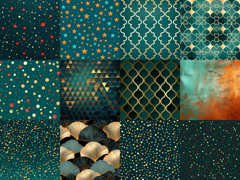 Teal and Copper Geometric Digital Paper: Art Deco Patterns (PNG Files ...