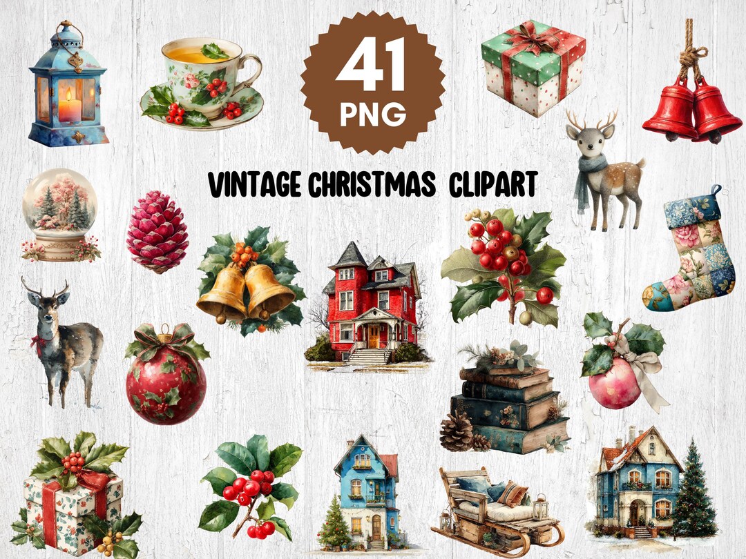 41 Vintage Christmas Watercolor Clipart Bundle:retro Holiday Pngs for ...