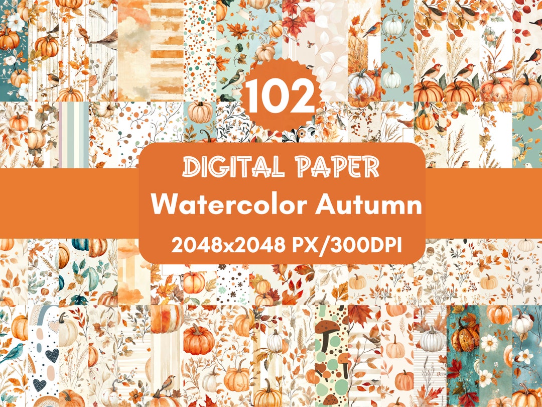 102 Autumn Paper Pack,fall Background,pumpkin Scrapbook,watercolor ...