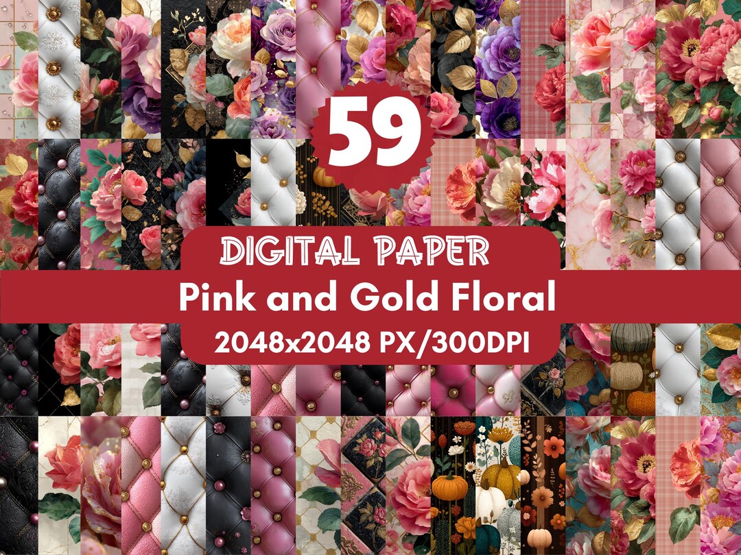 Pink & Gold Floral Digital Paper: Scrapbook Backgrounds (59 PNG Files ...