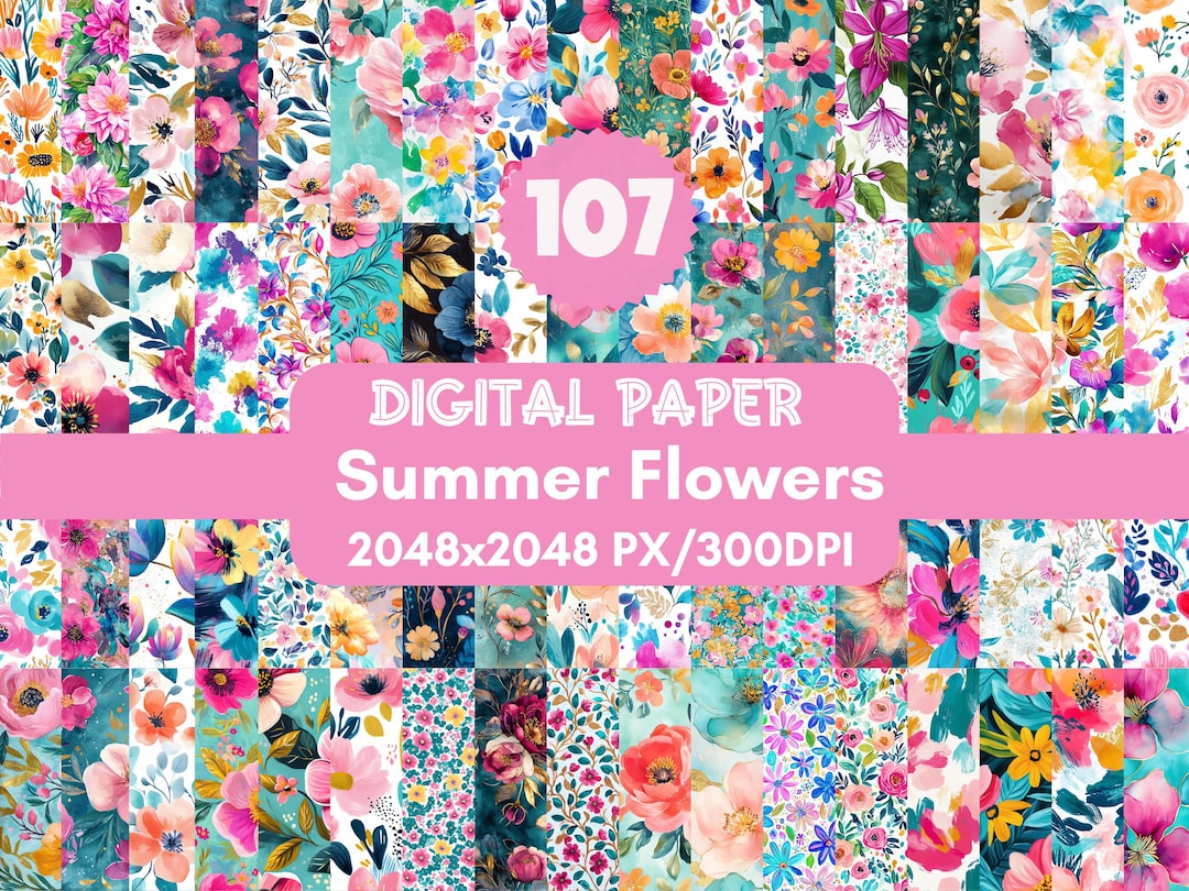 107 Summer Flowers Digital Papers,summer Watercolor Flower Patterns ...