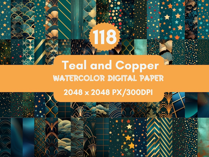 118 Teal and Copper Digital Paper,turquoise and Copper Bronze Seamless ...