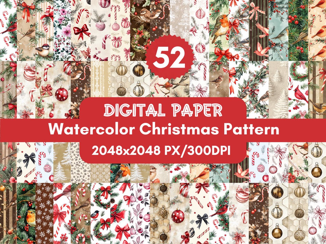 52 Watercolor Christmas Patterns Digital Paper,printable Xmas Scrapbook ...