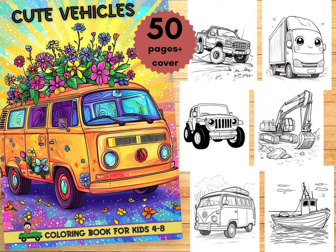 Cute Vehicles Coloring Book for Kids 4-8:50 Vehicle Coloring Pages for ...