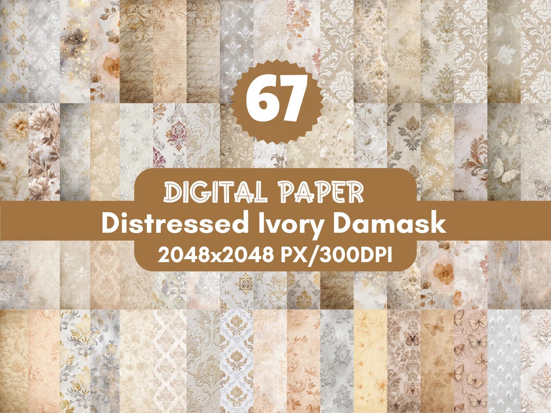 67 Ivory Damask Digital Paper: Vintage Scrapbook Textures (PNG Files ...