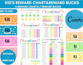 Kids Editable Green Space Reward Chart W/ Reward Bucks, Reward Bucks ...