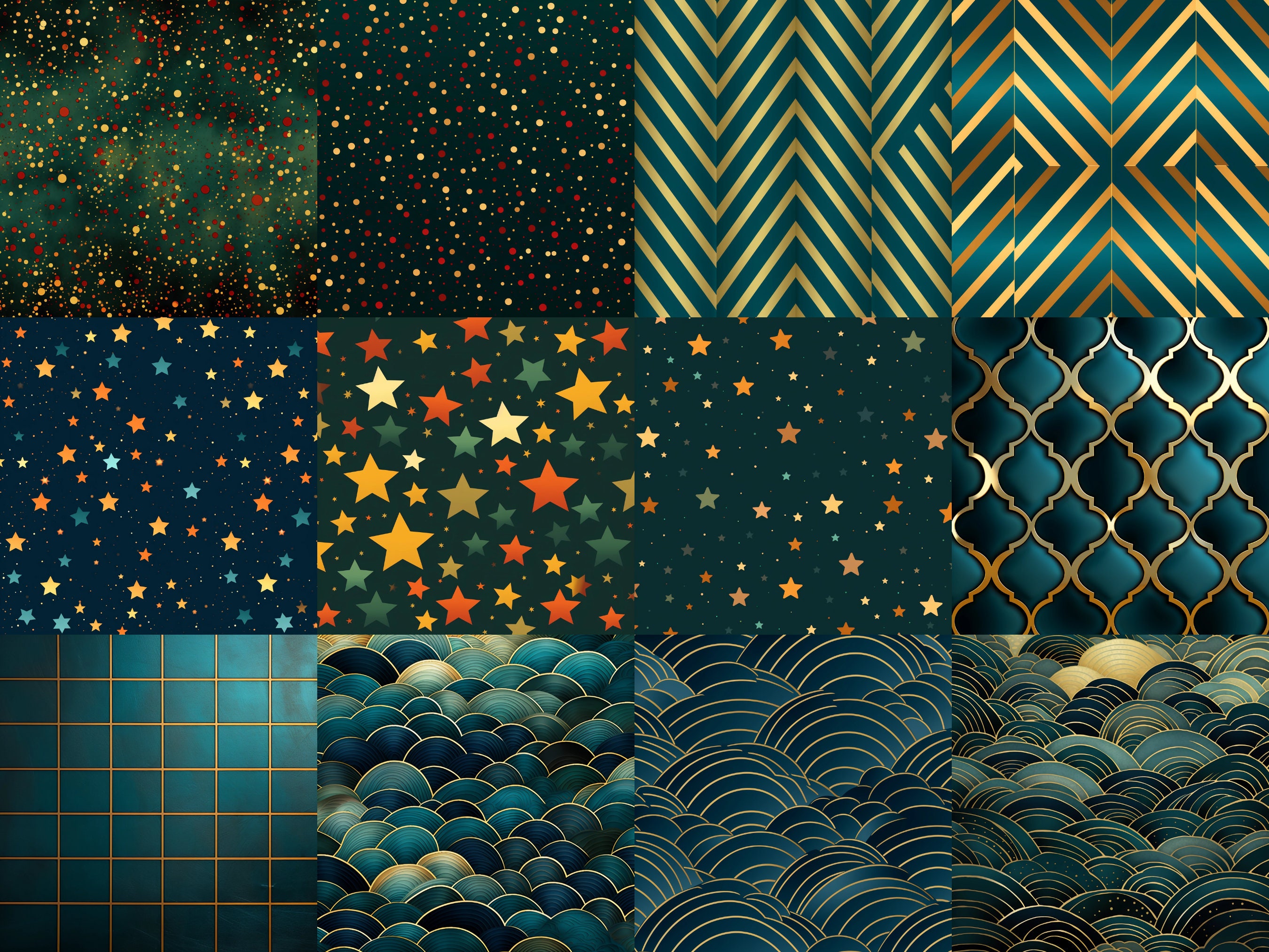 Teal and Copper Geometric Digital Paper: Art Deco Patterns (PNG Files ...