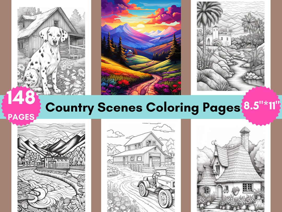 Country Scenes Coloring Book: 148 Printable Landscape Pages (digital ...