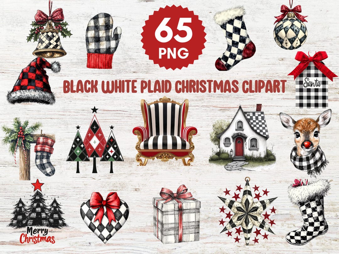 Black & White Christmas Clipart: Buffalo Plaid Watercolor (PNG Files ...