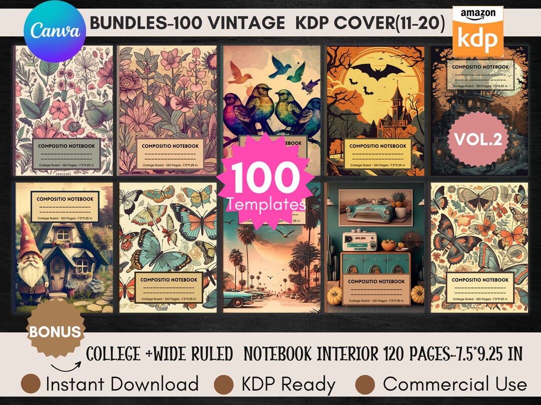 100 Vintage KDP Notebook Cover Templates: Retro Design (editable Canva ...