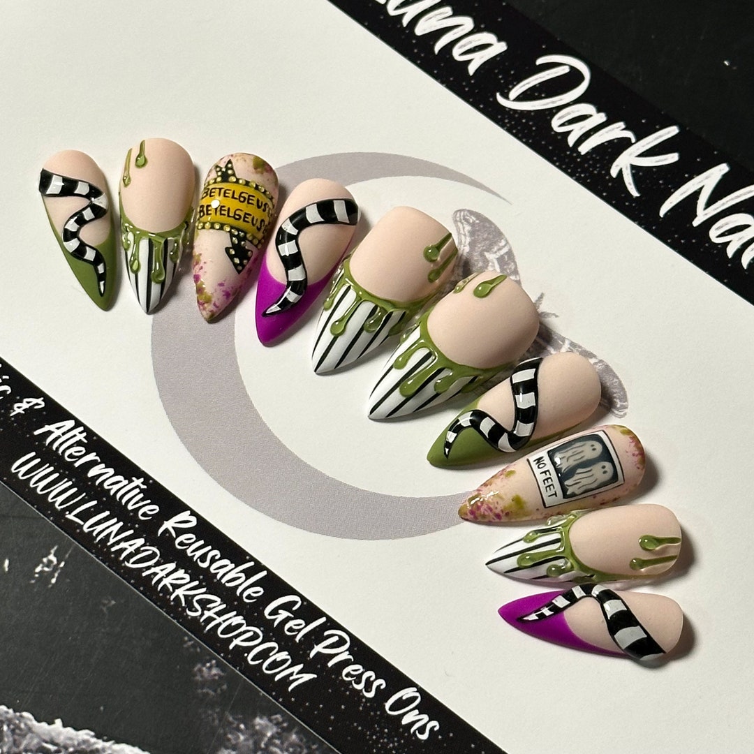 Press on Nails BG 3D Green and Purple Nails Black and White - Etsy
