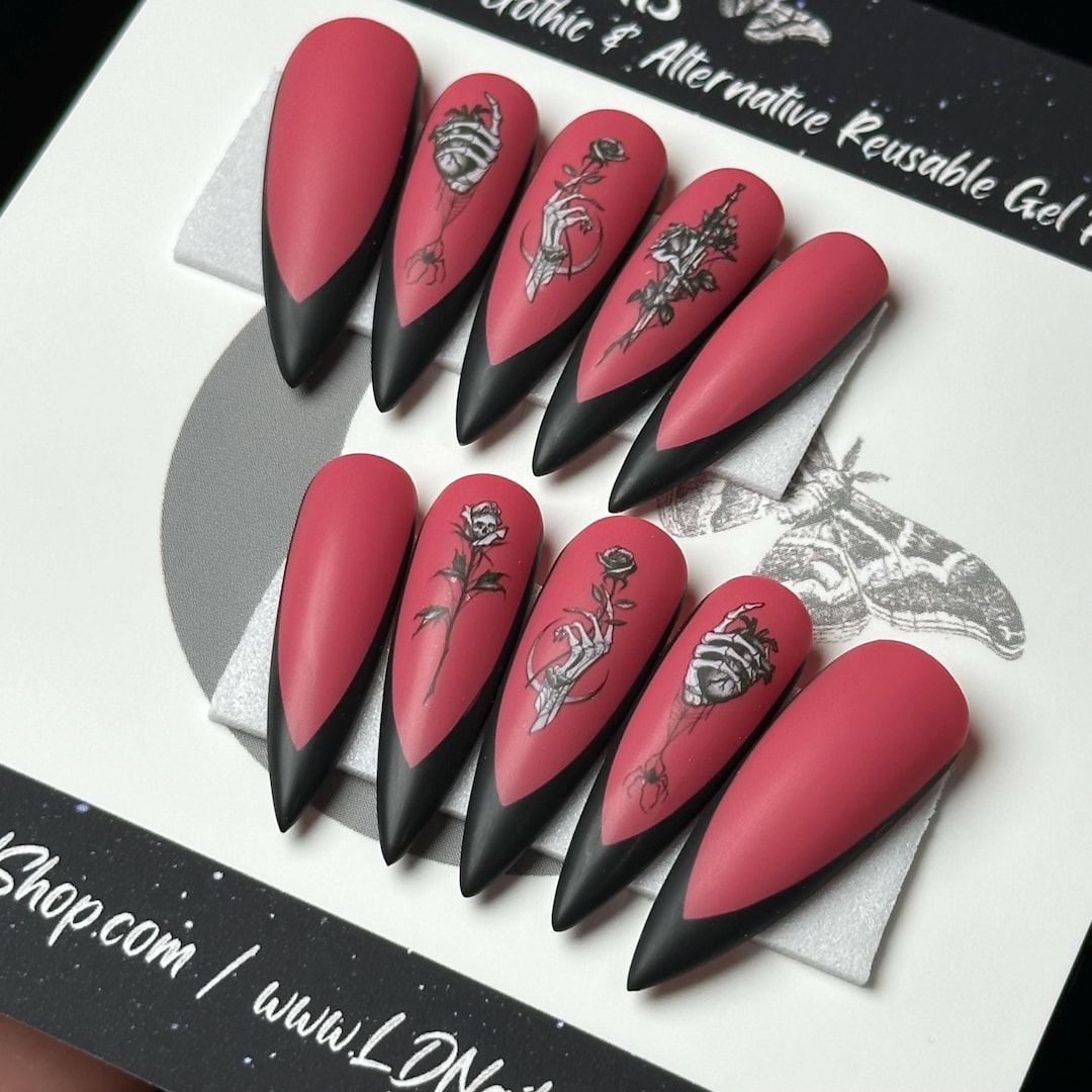 Press on Nails Rose Macabre, Dusty Rose and Black Skeleton Rose Nails ...