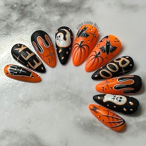 Spooky Cute, Orange Halloween Spooky Nails, Gothic Press Ons, Witchy ...