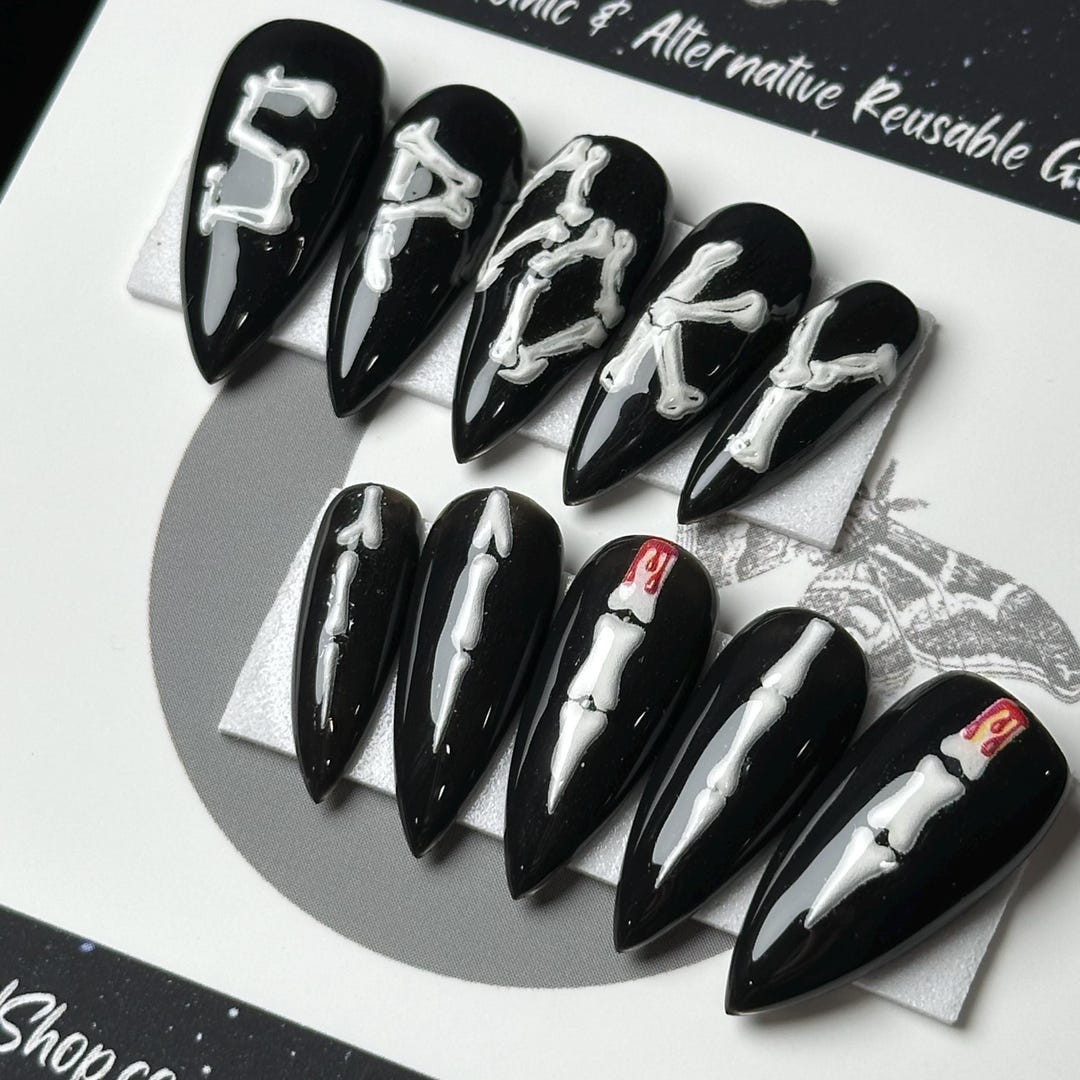 Spooky Skeleton Nails, Skeleton Finger Bone Nails, Black and White ...