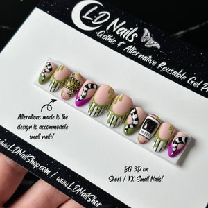 Press on Nails, BG 3D, Green and Purple Nails, Black and White Striped ...