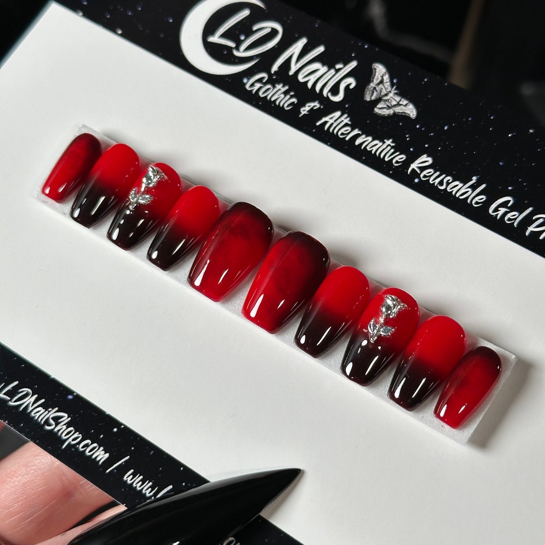 Tainted Rose Press on Nails: Gothic Black Red Ombre, Silver Rose - Etsy