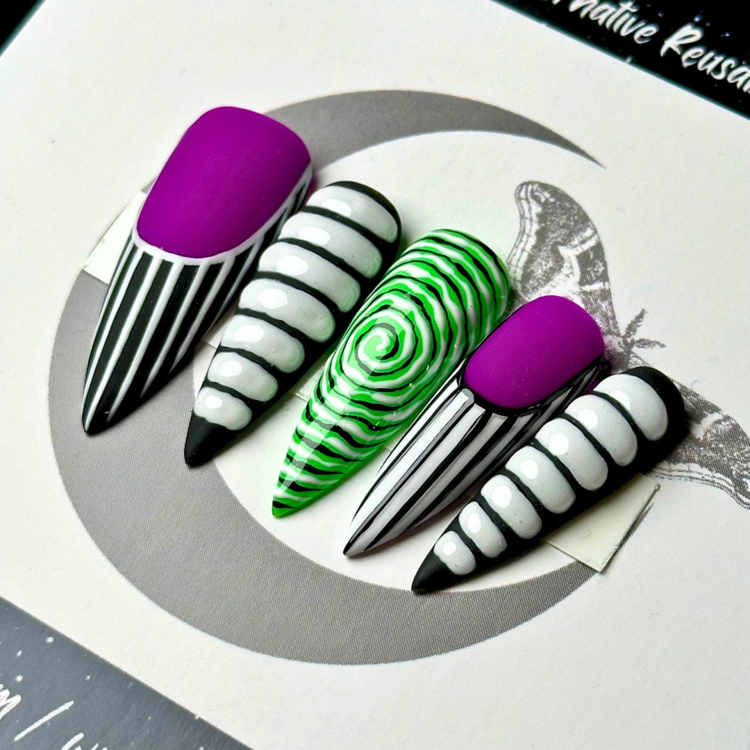 Beetle WHAT?! Black and White Spooky Striped Nails, Green and Purple ...