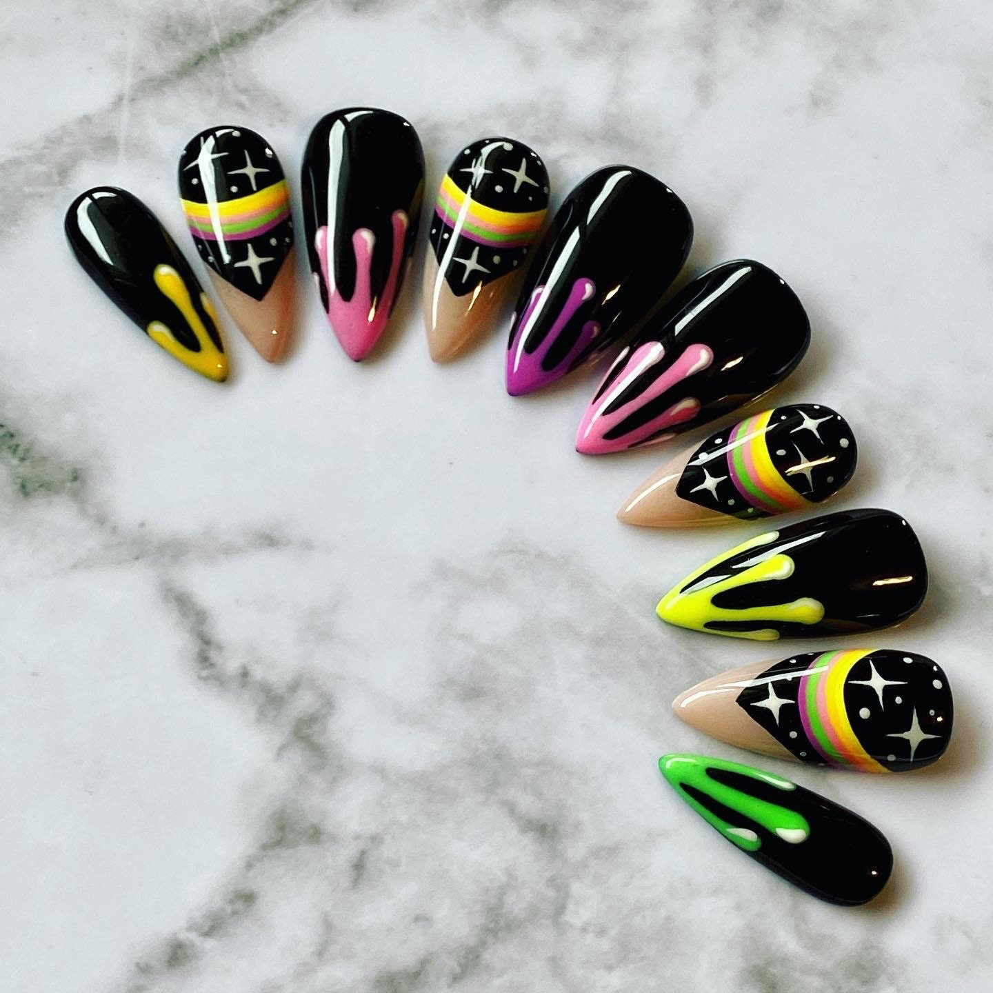 Neon Space Rainbow Nails Neon Drip Nails Goth Press Ons - Etsy