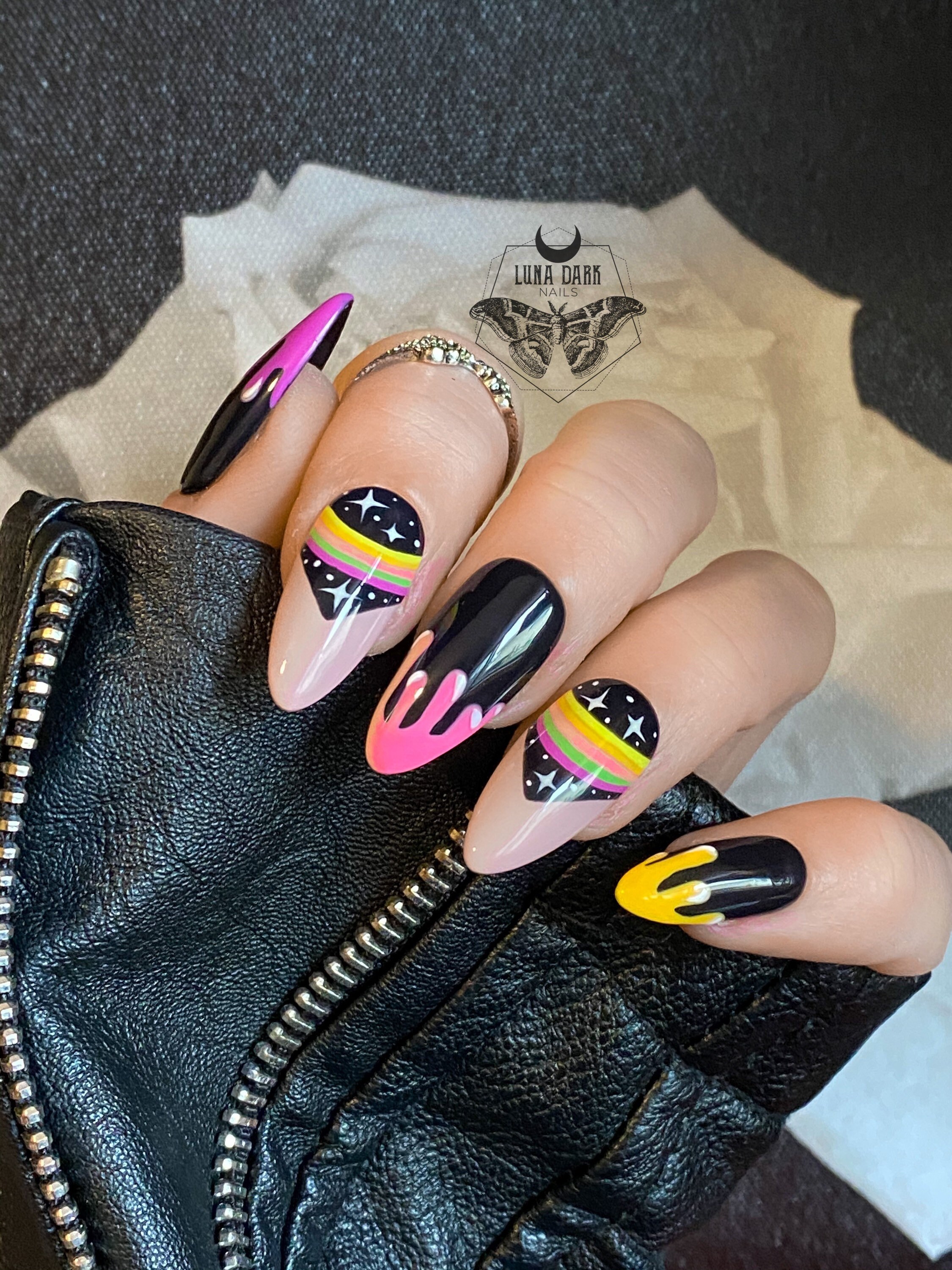 Neon Space Rainbow Nails Neon Drip Nails Goth Press Ons - Etsy