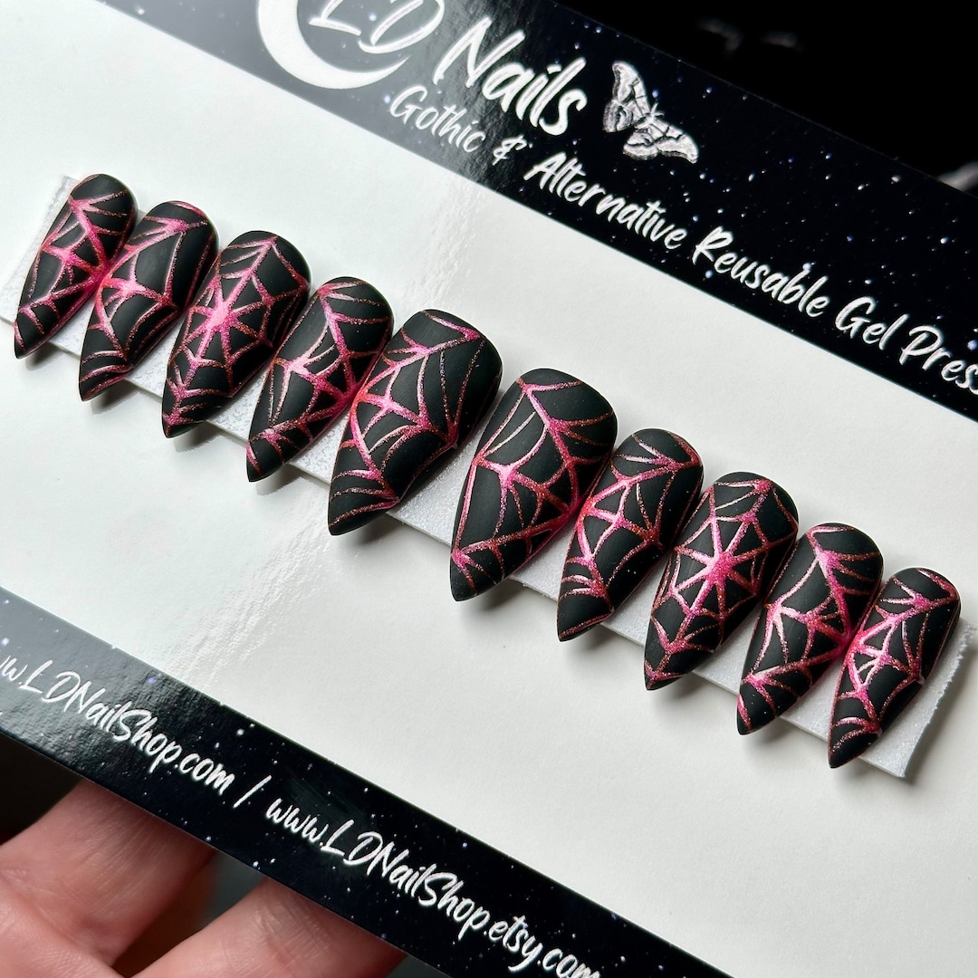 Pink Holo Webs, Neon Goth Press on Nails, Pink Glitter Spiderweb Nails ...