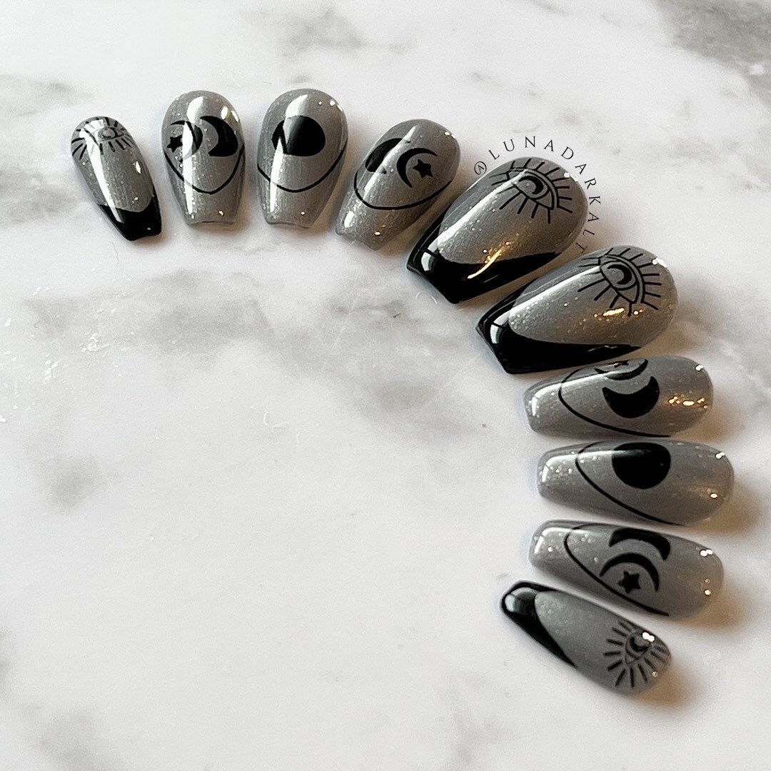 PRESS ON NAILS, Goth Press Ons, Esoteric Purple Glitter Witchy Moon ...