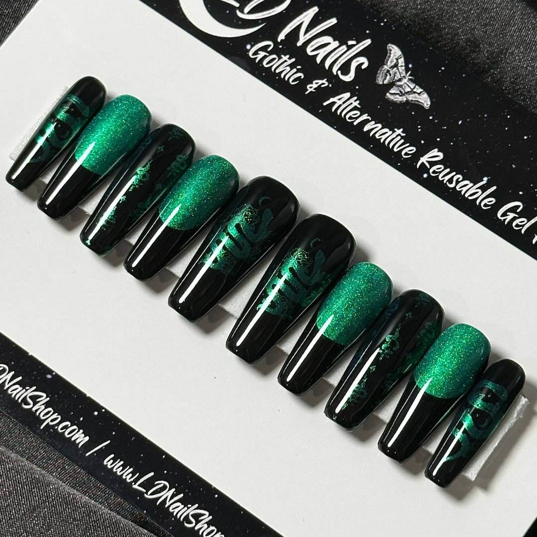 Eden, Green and Black Glitter Snake Nails, Witchy Press on Nails ...