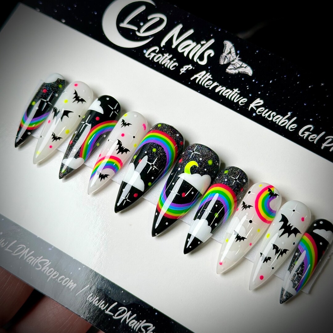 Nocturnal Rainbow Dreamscape, Gothic Rainbow Bat Press on Nails, Neon ...