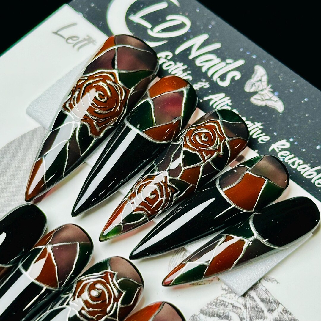 Stained Glass Press on Nails, Stained Glass Rose Nails, Silver Chrome ...