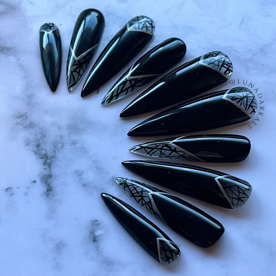 Black Rutilated Quartz Press on Nails Gothic Nails Witchy - Etsy