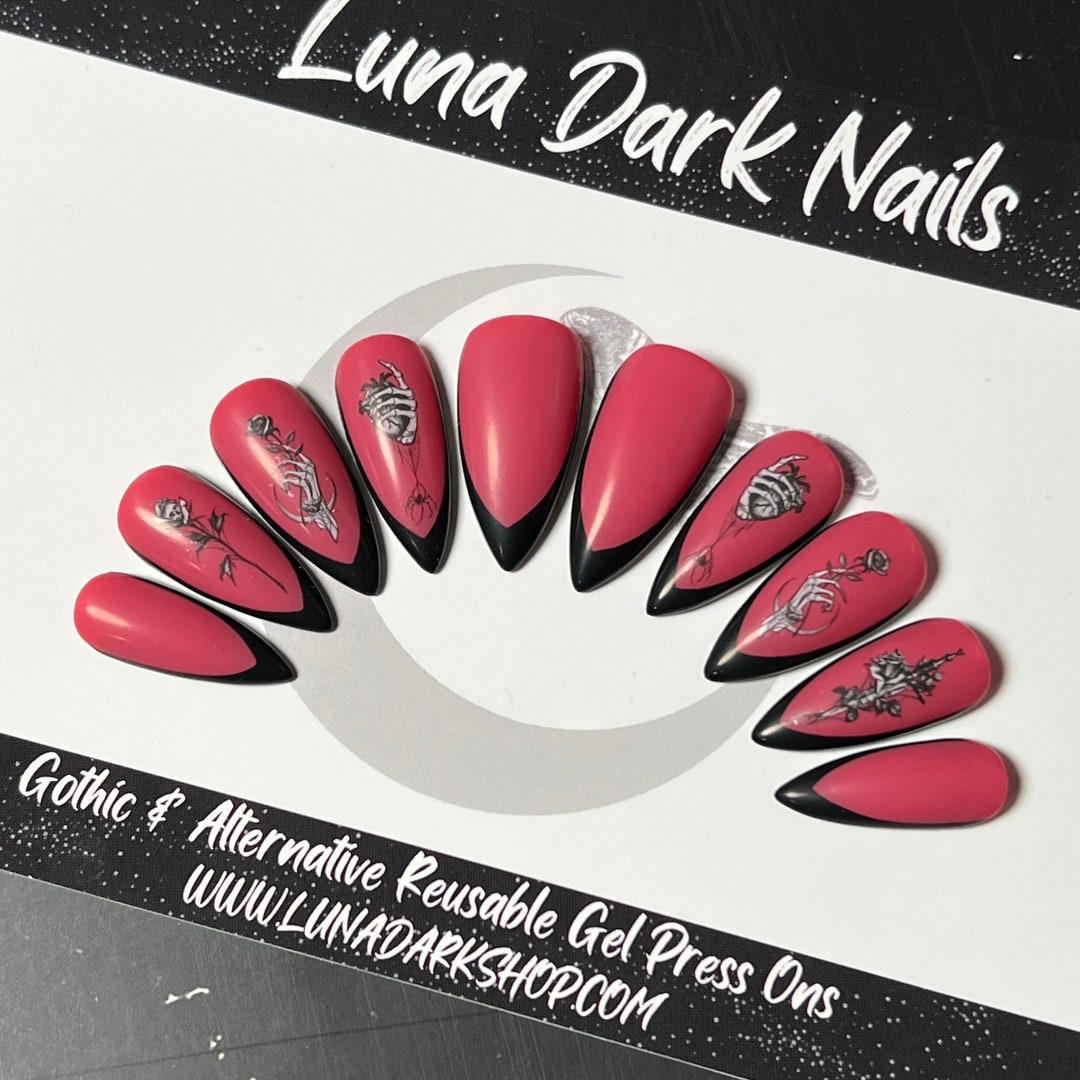 Press on Nails Rose Macabre, Dusty Rose and Black Skeleton Rose Nails ...