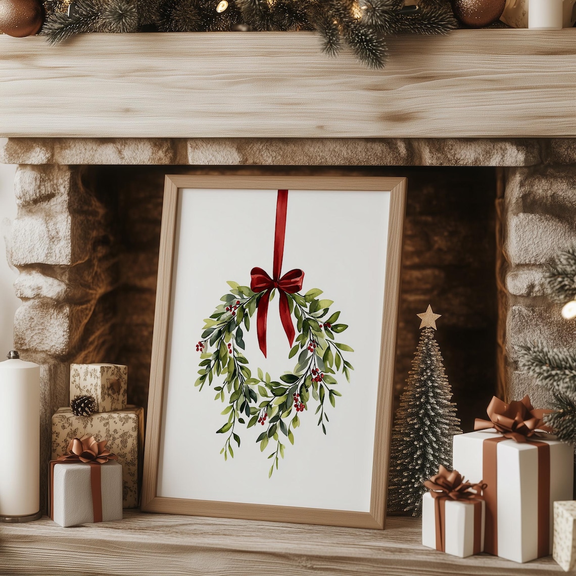 PRINTABLE Christmas Wreath Print, Christmas Bow Print Red Bow Holiday ...