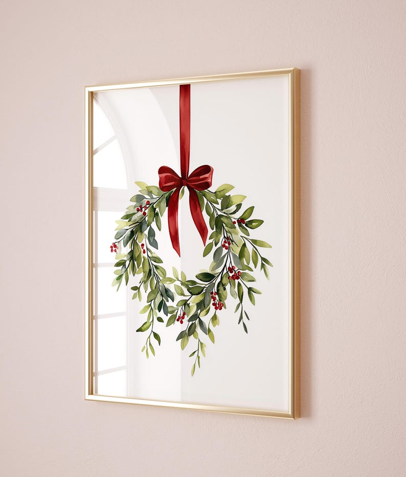 PRINTABLE Christmas Wreath Print, Christmas Bow Print Red Bow Holiday ...