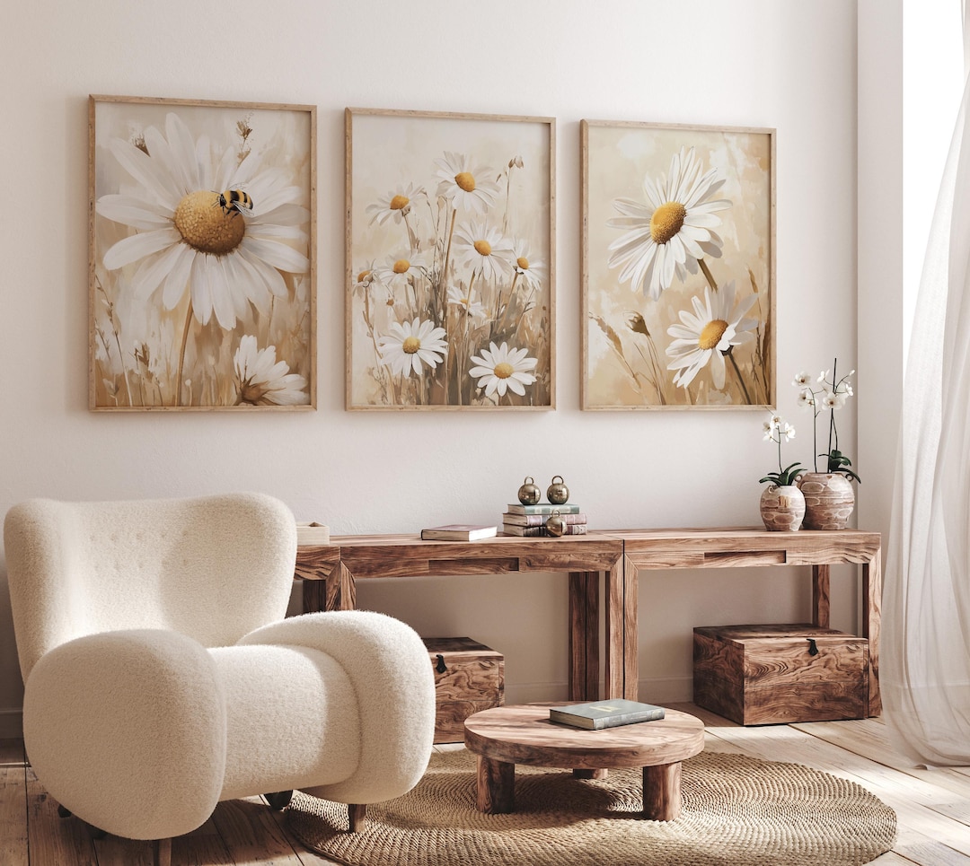 Daisies Wall Art Summer Prints Set of 3 Vintage Daisy Wall Decor Muted ...