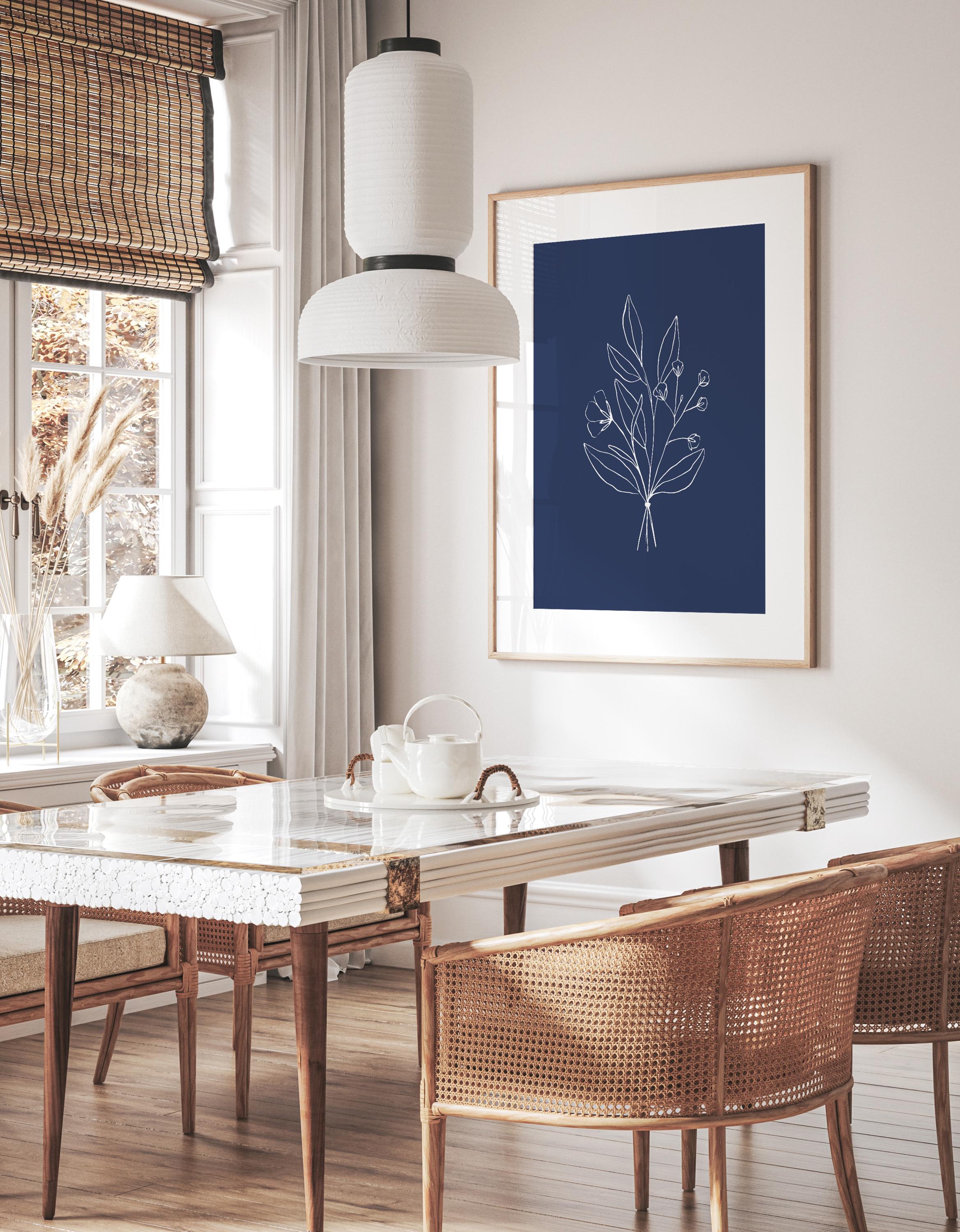 Navy Wall Art Blue Flower Line Art Set of 3 Posters Digital Download ...