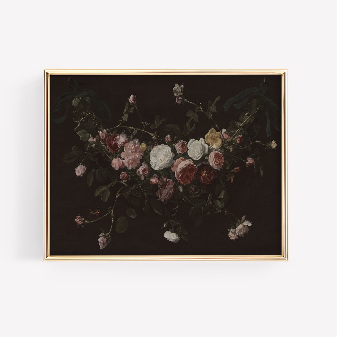 Dark Academia Moody Floral Print Art, Botanical Wall Art, Vintage Flower Painting, Dark ...