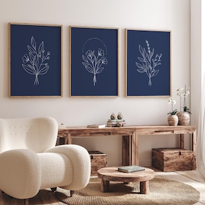 Navy Wall Art Blue Flower Line Art Set of 3 Posters Digital Download ...