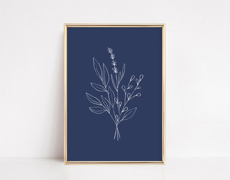 Navy Wall Art Blue Flower Line Art Set of 3 Posters Digital Download ...