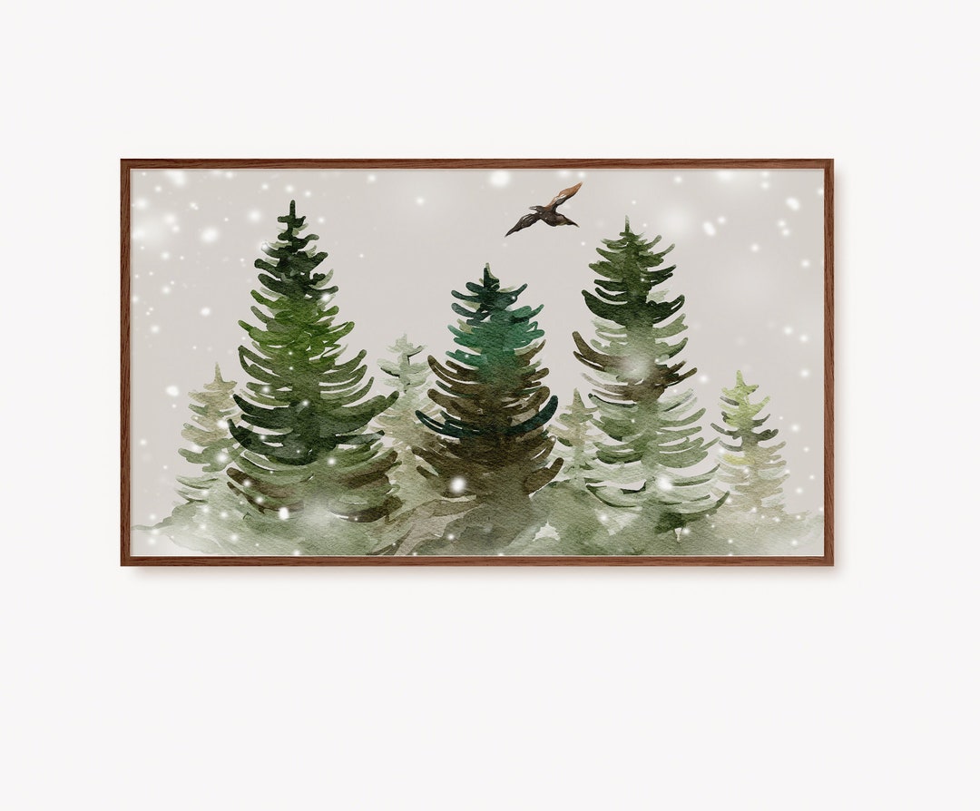 Christmas Frame TV Art Christmas Pine Tree Print, Snowy Fir Trees ...