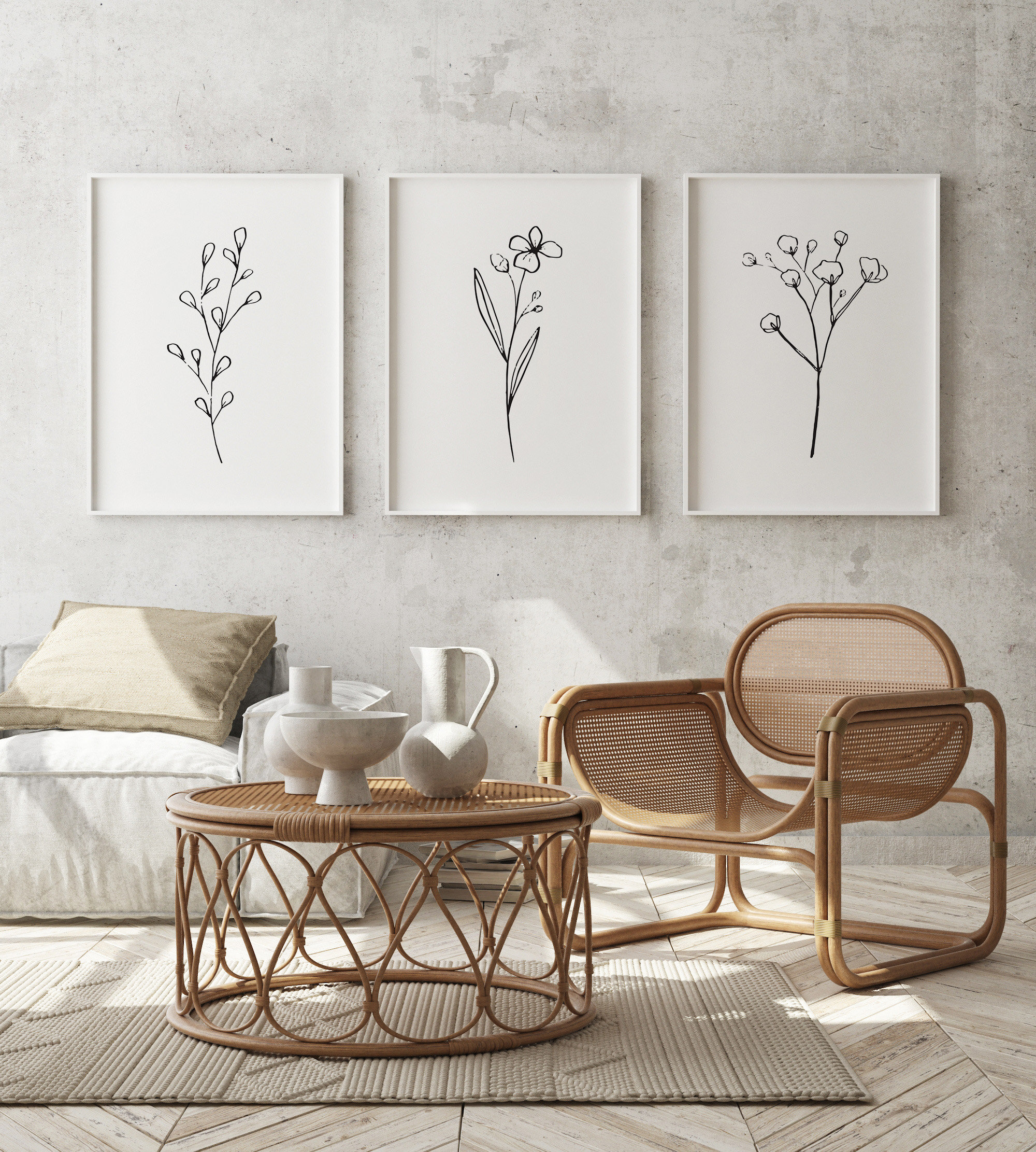 Flower Line Art Set of 3 Digital Prints Floral Prints - Etsy