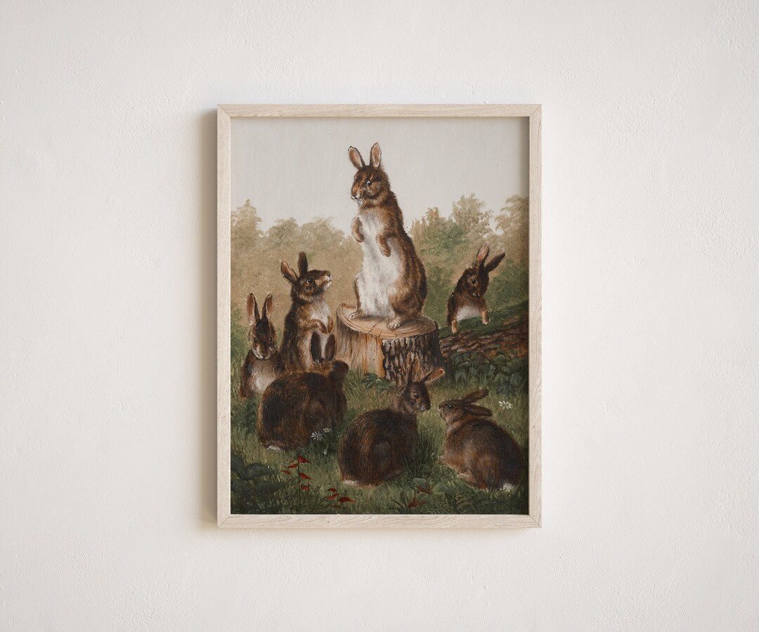 Printable Vintage Rabbit Painting Antique Bunnies Print Easter Home ...