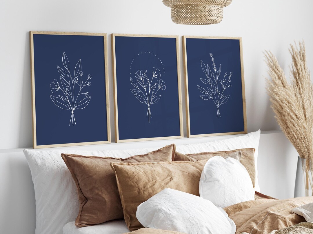 Navy Wall Art Blue Flower Line Art Set of 3 Posters Digital Download ...