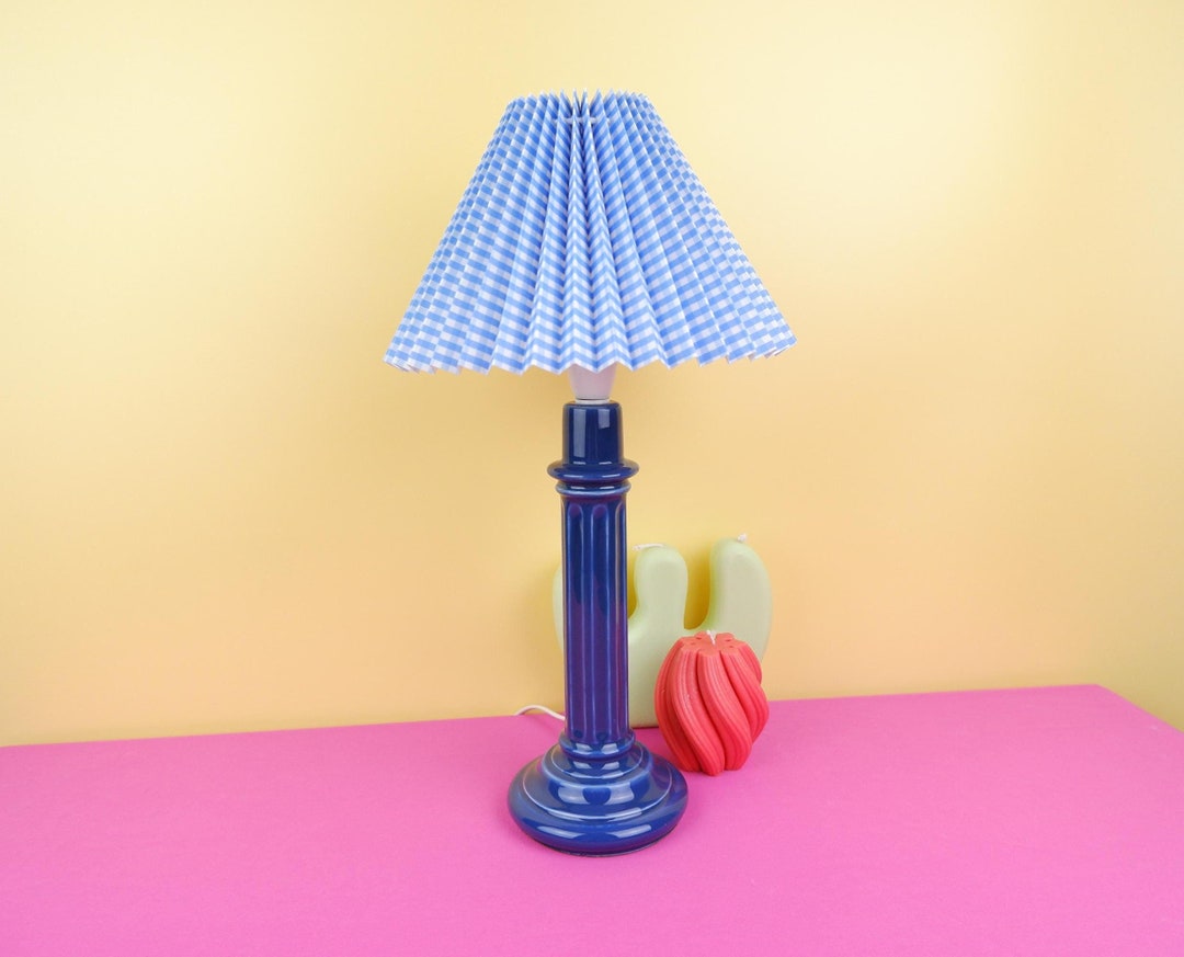 Vintage Blue Ceramic Lantern Lamp Pleated Gingham Shade, Postmodern ...
