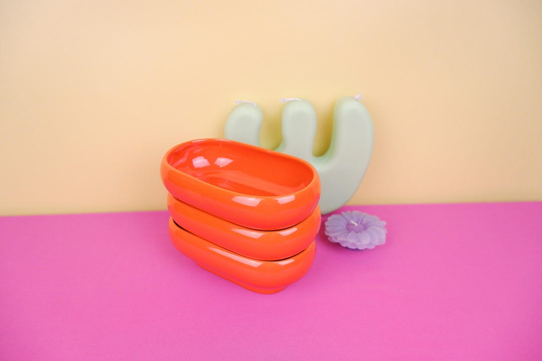 Vintage Set of Orange Ceramic Pill Dishes, Stackable Trinket Dish ...